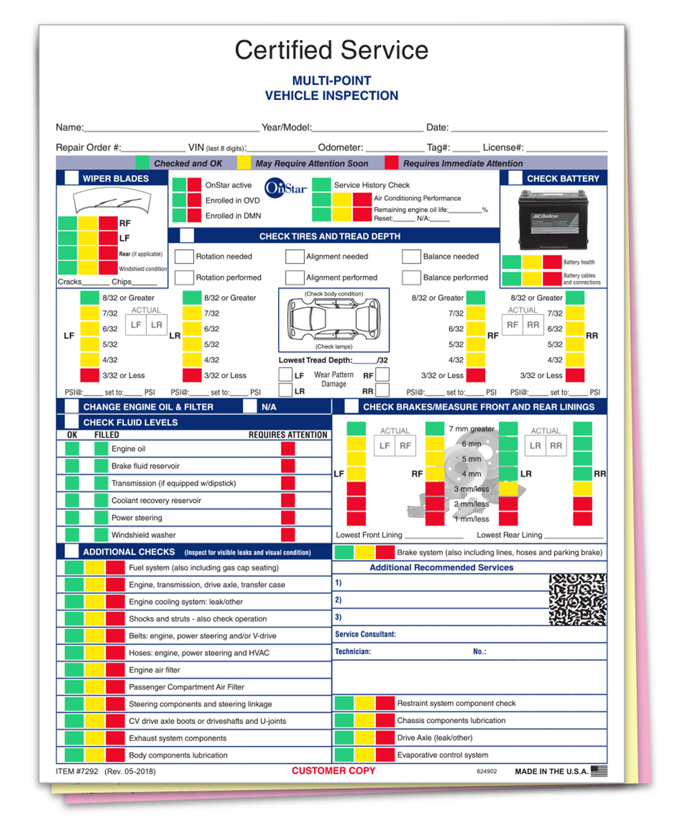 Mfr Specific Multi-Point Inspection Form 3-Part - General Motors