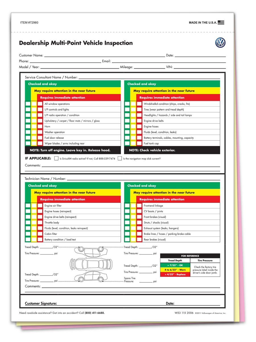 Mfr Specific Multi-Point Inspection Form 3-Part - Volkswagen
