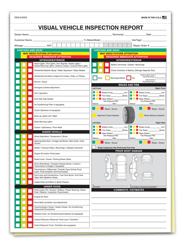 Generic Multi-Point Inspection Form 2-Part - Visual Vehicle Inspection