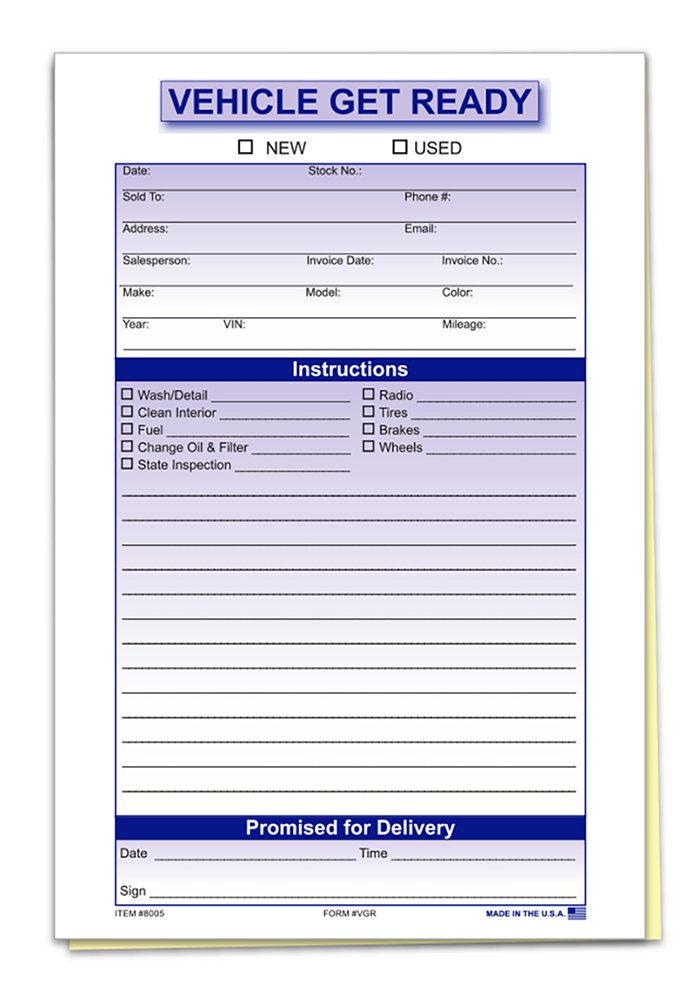 Vehicle Get Ready Form 2-Part