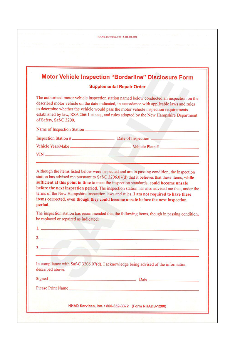 Motor Vehicle Inspection Borderline Disclosure Form (NHADS-1200)