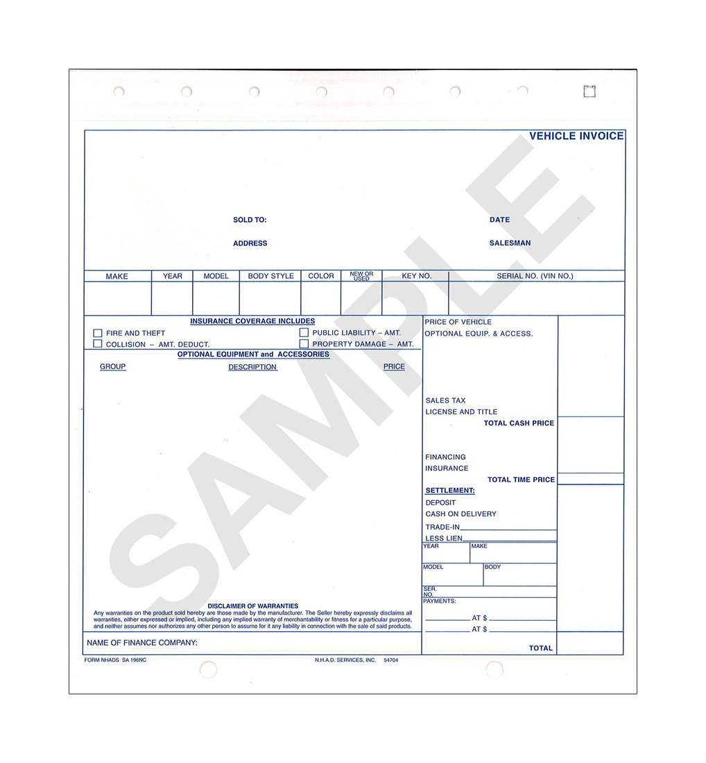 Universal Vehicle Invoices w/ Disclaimer (SA-196-NC)
